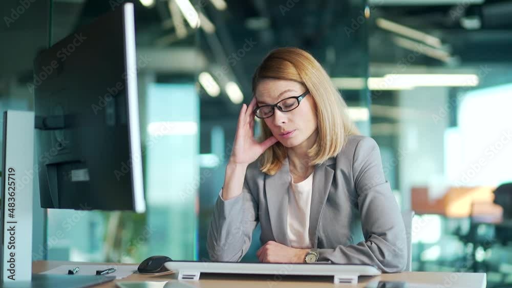 Vídeo do Stock: Overworked tired lady holding glasses feeling headache ...