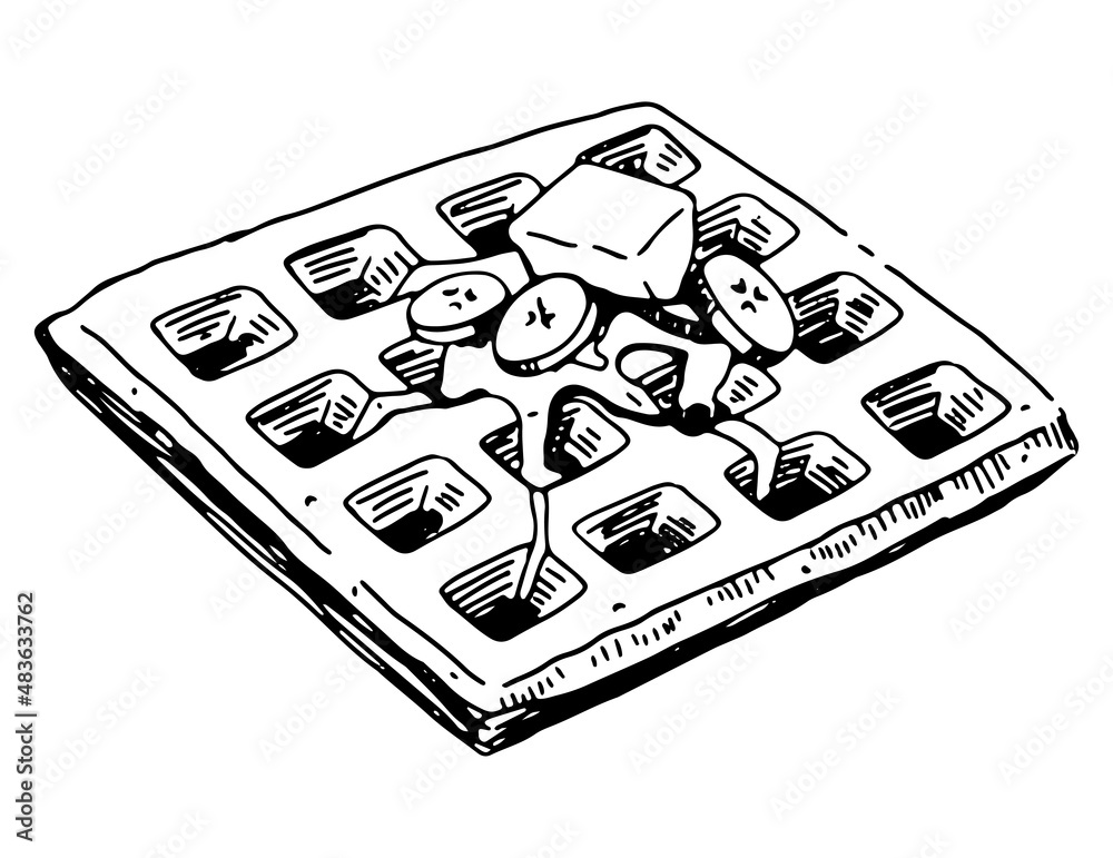 Banana waffle with butter. Single sketch of sweet food, dessert. Hand ...