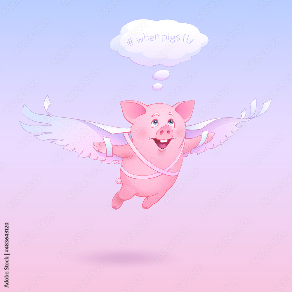 When pigs fly. Cartoon drawing of meme. Eager piggy tied homemade paper ...