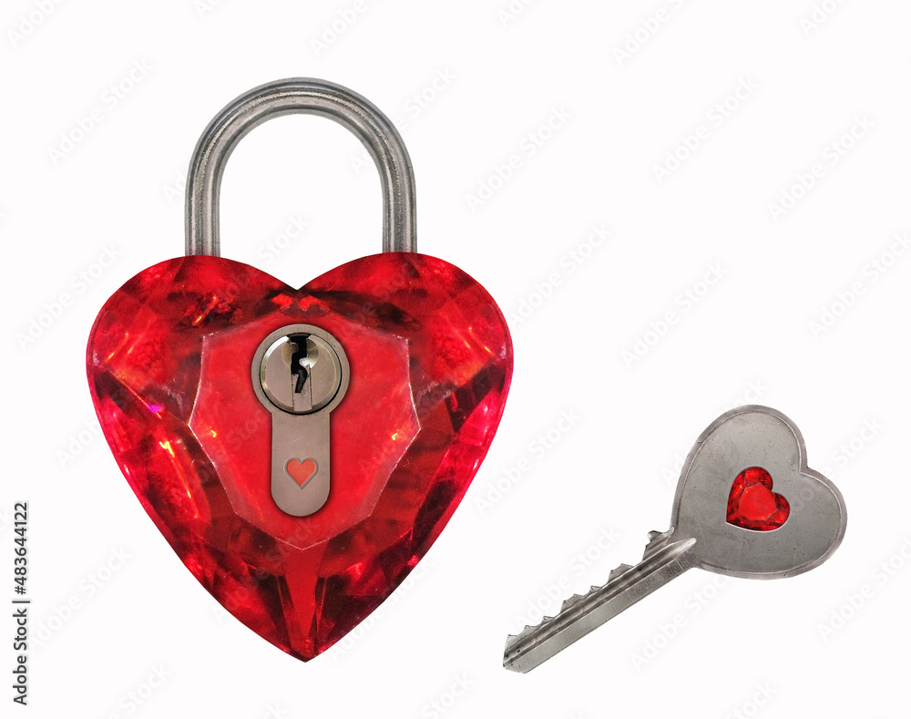 There are a ruby heart shaped lock and a key to it. White background ...