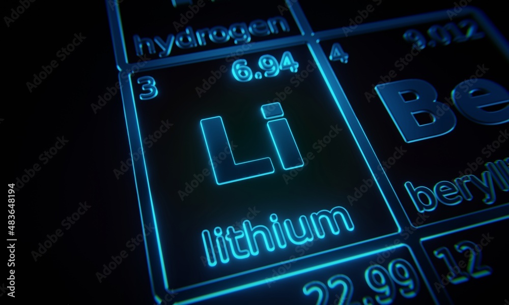 Focus on chemical element Lithium illuminated in periodic table of ...