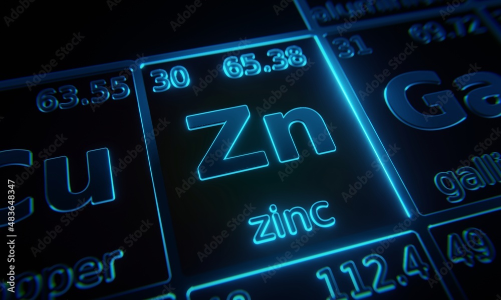 Focus on chemical element Zinc illuminated in periodic table of ...
