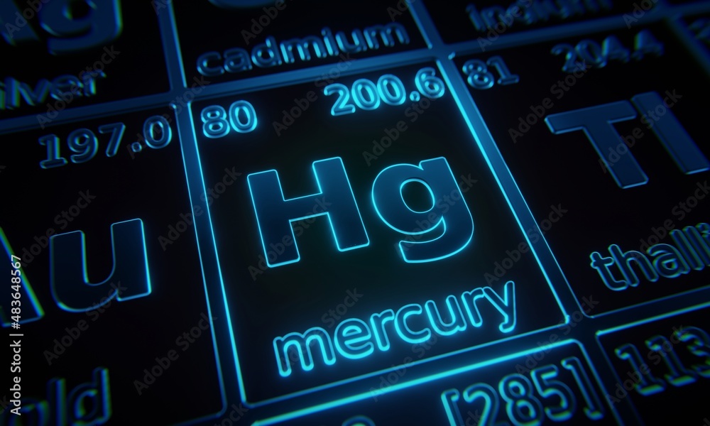 Focus on chemical element Mercury illuminated in periodic table of ...