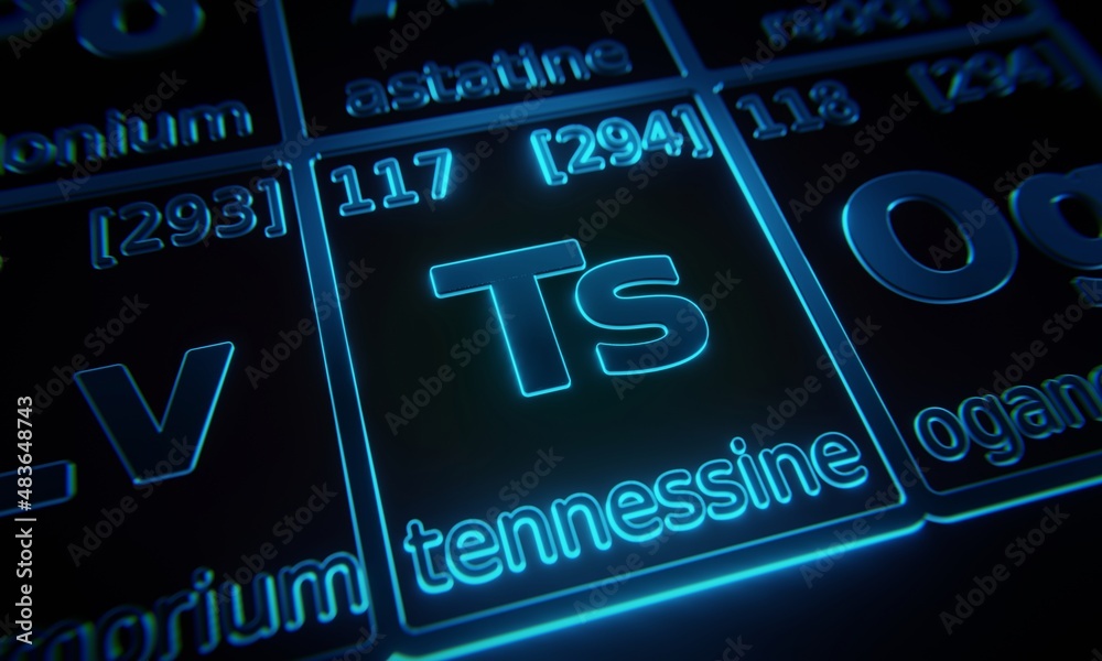 Focus on chemical element Tennessine illuminated in periodic table of ...