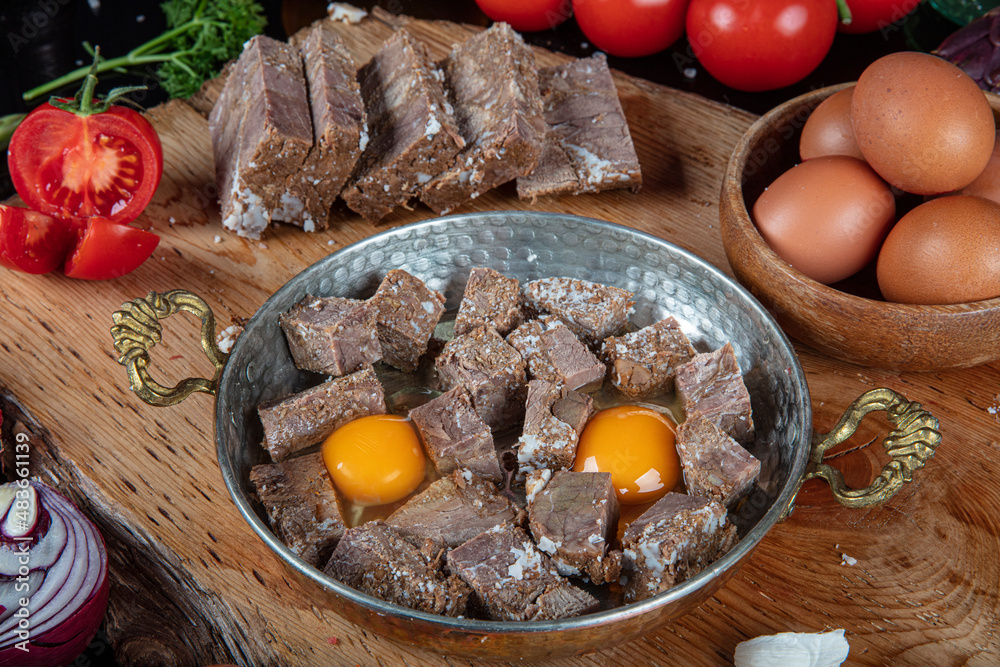 Turkish style meat role on serving plate. Turkish roasted meat ...