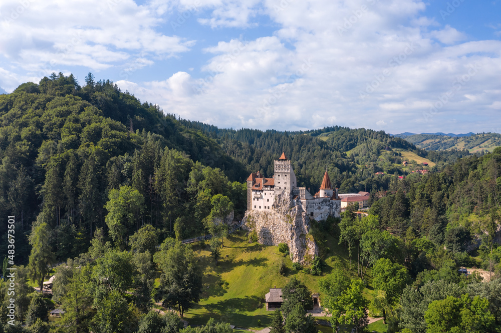 Landscape with medieval Bran castle known for the myth of Dracula. Bran ...