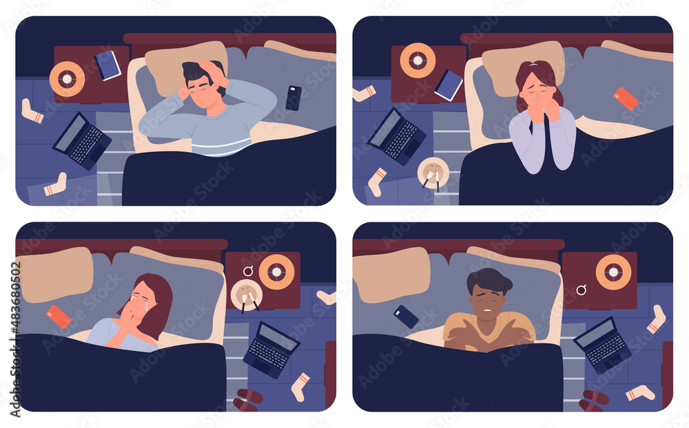 Tired persons with insomnia and depression at night vector illustration ...