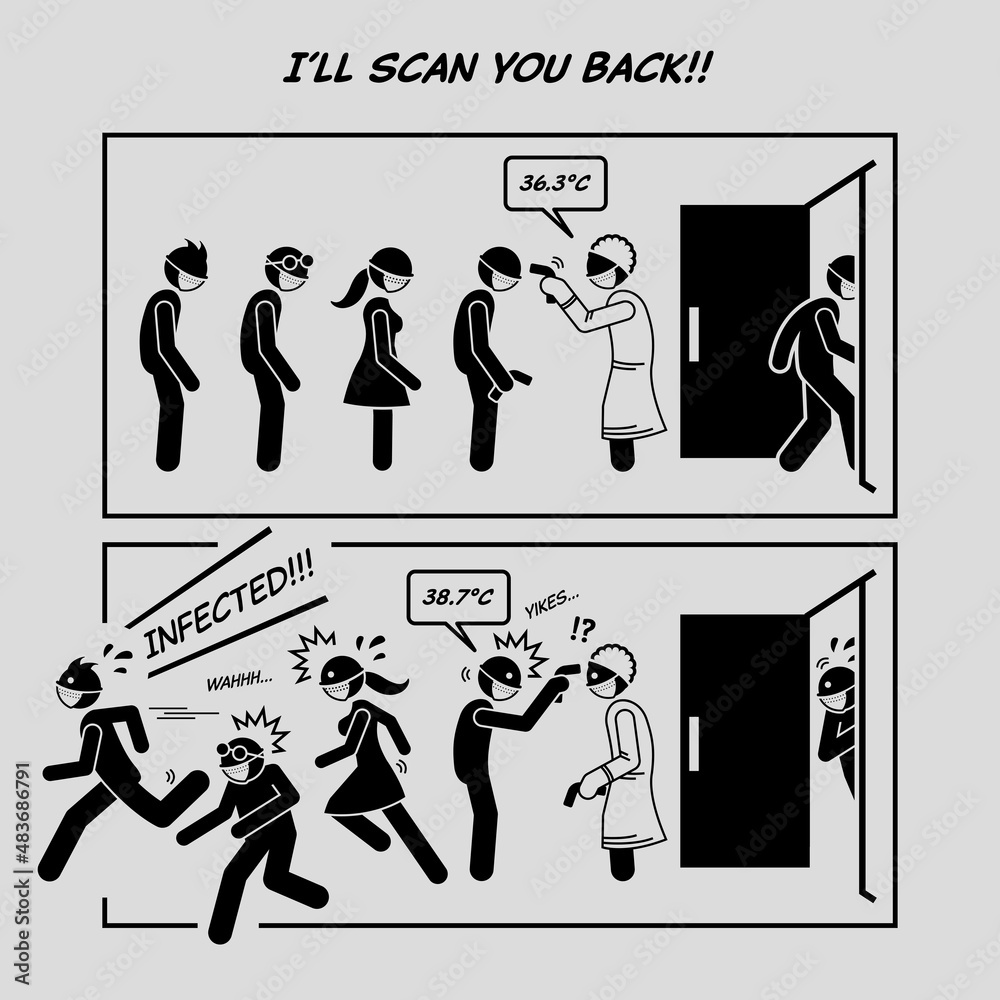 Funny comic strip. I will scan you back. People lining up in a queue ...