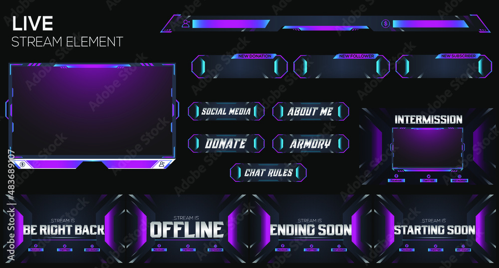 Purple Live Stream Gaming facecam, overlay, alert, panal, screen full ...