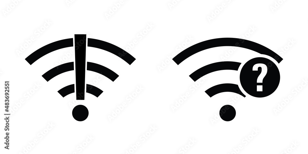 Two wifi symbols with exclamation mark and question mark. No internet ...