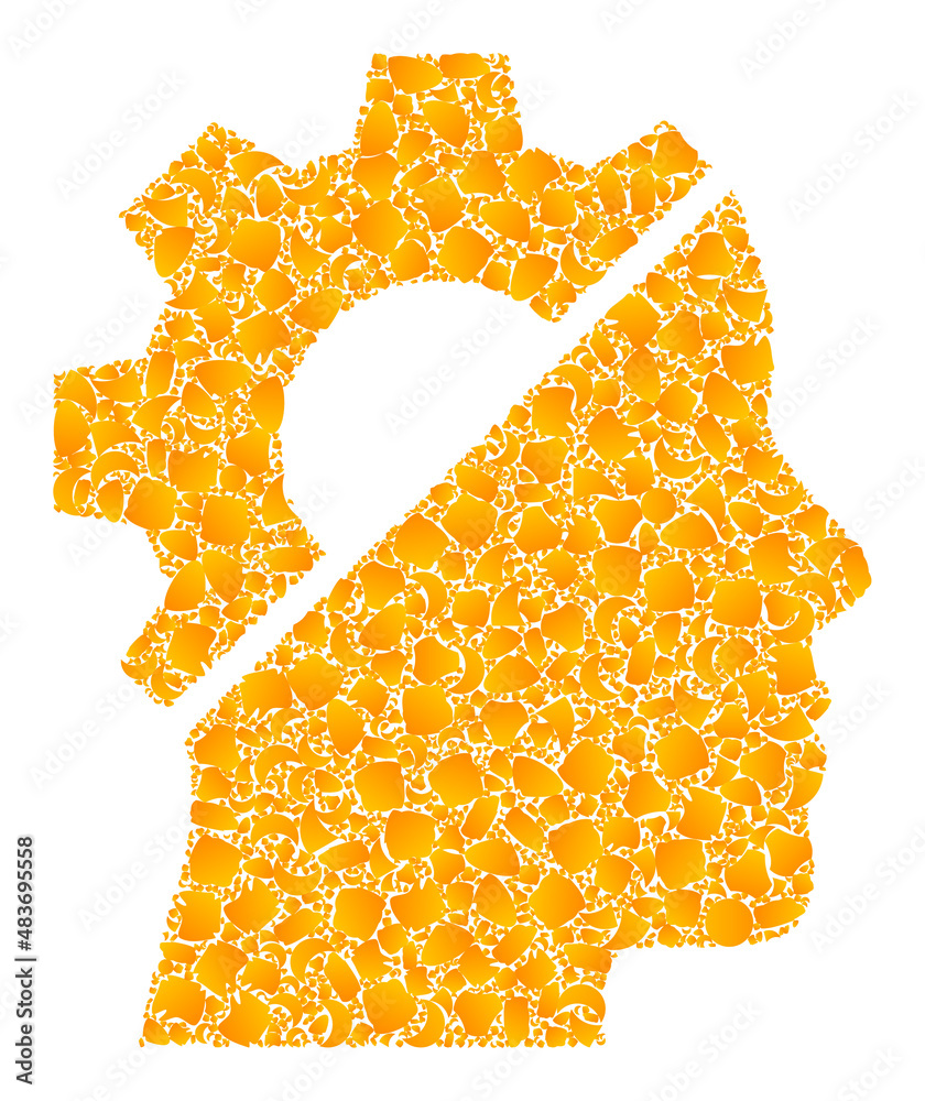 Vector gold cyborg gear mosaic icon. Cyborg gear is isolated on a white ...