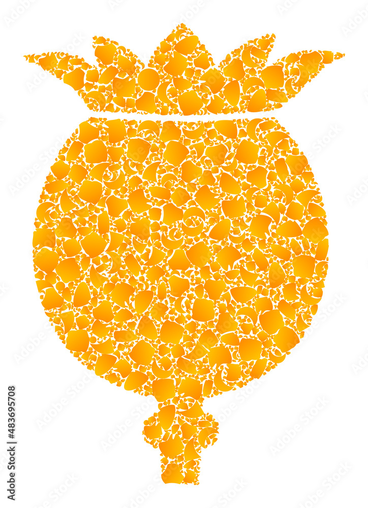 Vector gold poppy head mosaic icon. Poppy head is isolated on a white ...