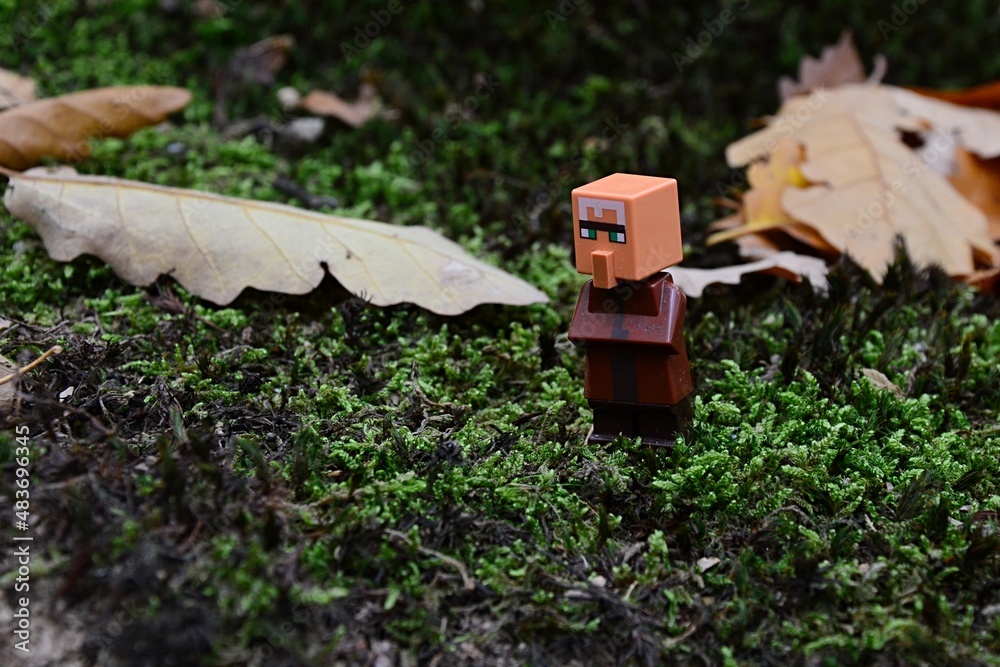 LEGO Minecraft figure of Villager, standing on green moss surface in ...