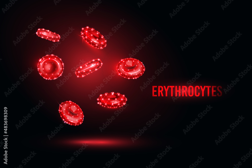 Futuristic vector glowing low-poly red blood cells on a dark red ...