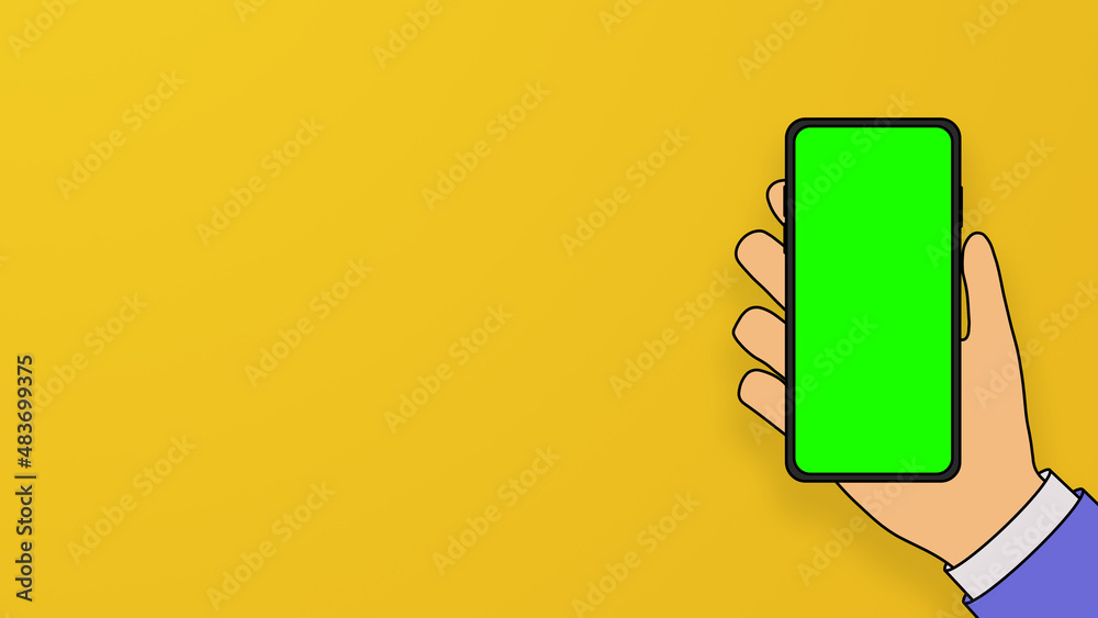 Cartoon hand hold smartphone. Green screen chromakey mockup on isolated ...