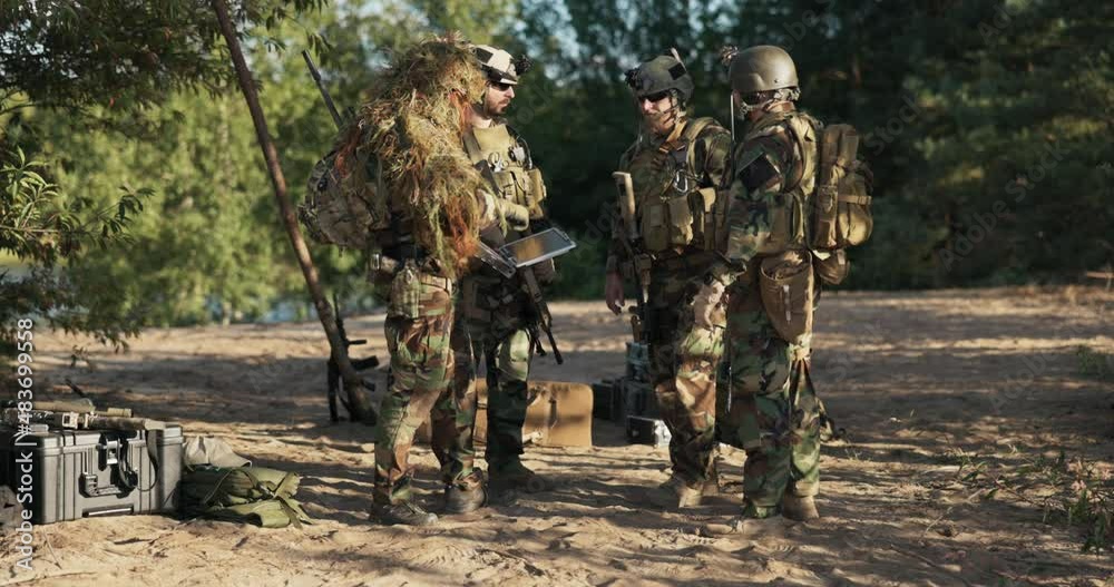 Gathering of soldiers at base group of territorial defense men, setting ...