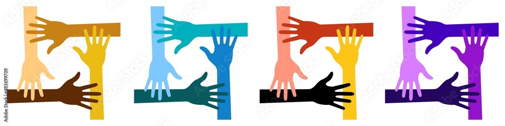 Hands logo. Colorful four hands icon set. Volunteer emblem. Vector ... Hands logo. Colorful four hands icon set. Volunteer emblem. Vector ...