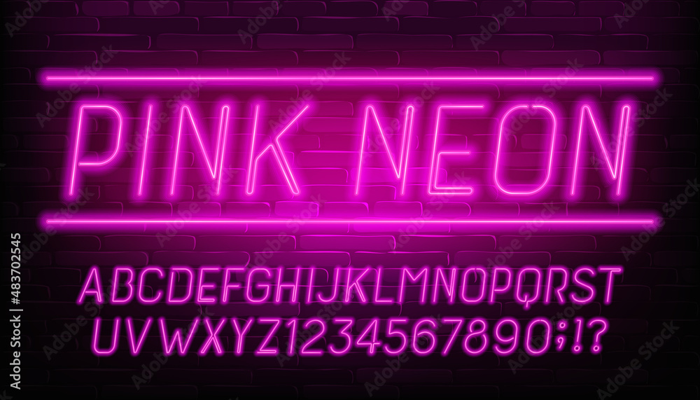 Pink Neon alphabet font. Neon light letters, numbers and symbols. Stock ...