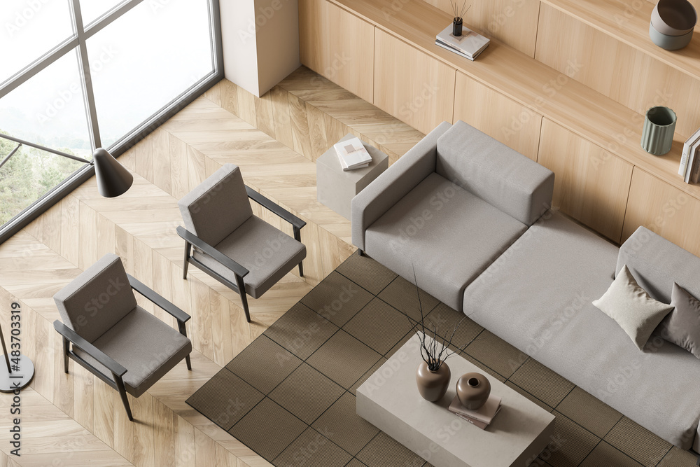 Modern villa living room design interior, wooden furniture, hardwood ...