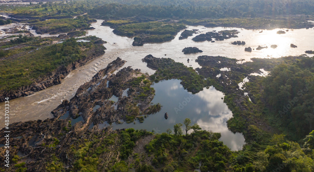 Aerial panoramic 4000 islands Mekong River in Laos, Li Phi waterfalls ...