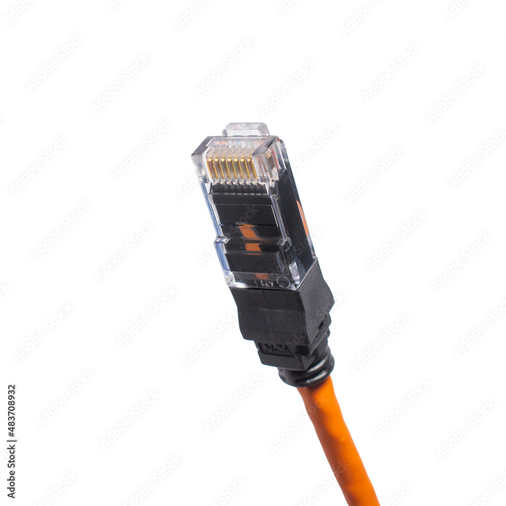 orange twisted pair with black RJ45 jack isolated on white Stock Photo ...