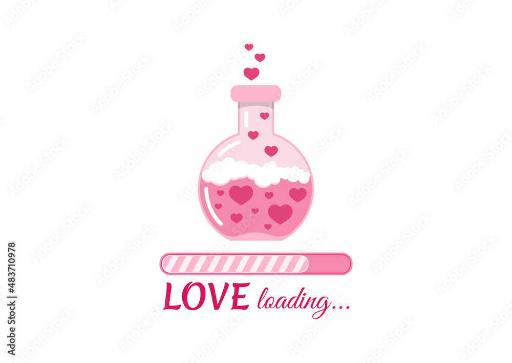 Love loading bar with glass lab flask with hearts and love potion ...