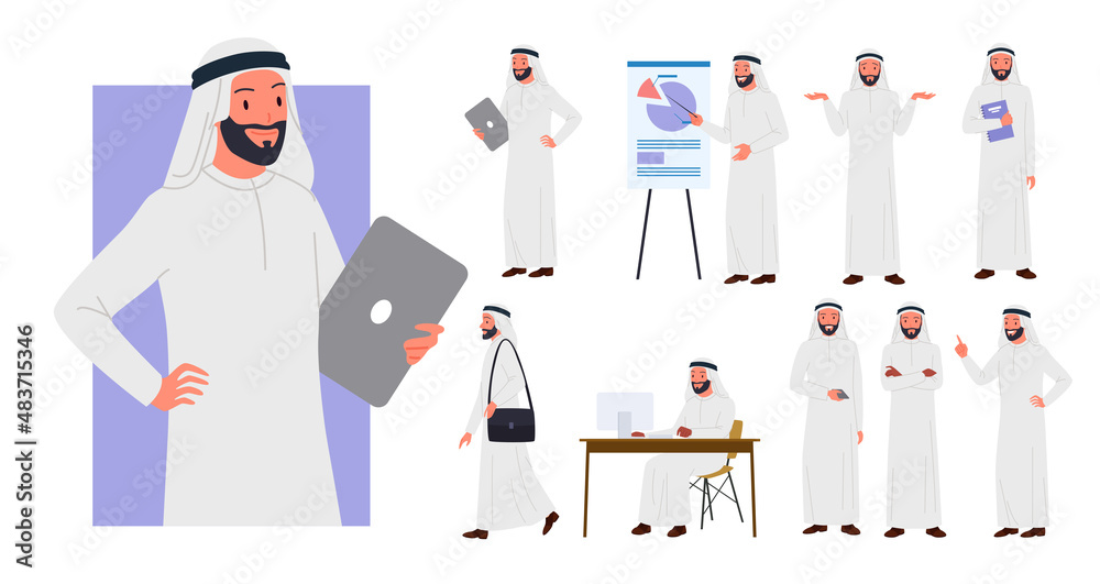 Saudi businessman showing different poses and gestures set vector ...