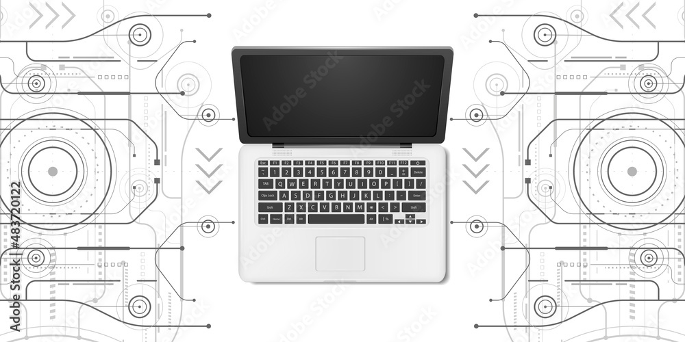 White laptop.Technological drawing of the future.Engineering innovation ...