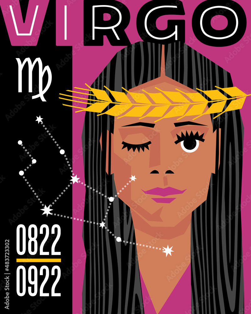 Zodiac sign Virgo, Abstract retro design with Virgin maiden and wheat ...