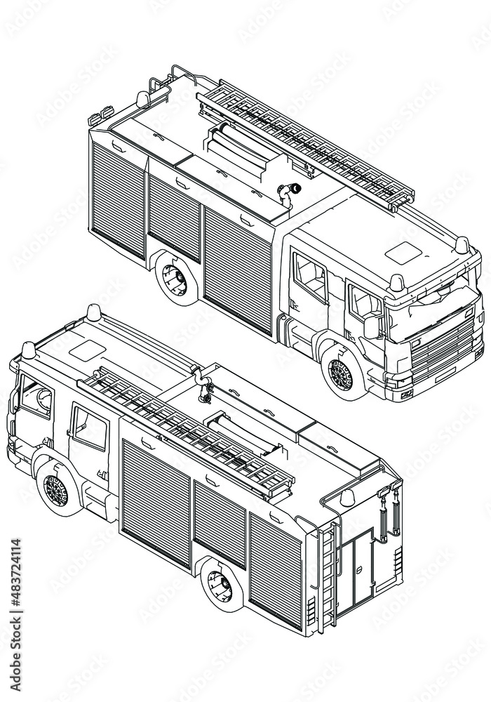 Fire engine truck crane realistic sketch. Fire truck template vector ...