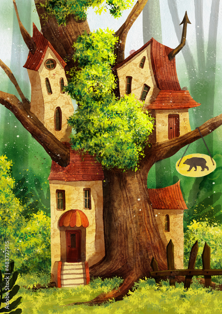 Hand drawn illustration. Cute tree house with grass, signboard and ...