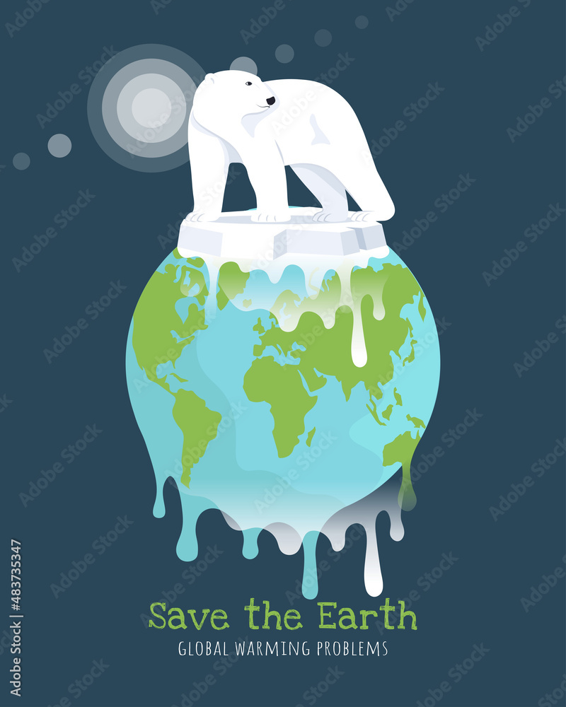 Global warming concept. Polar bear on iceberg on Earth globe. Vector ...