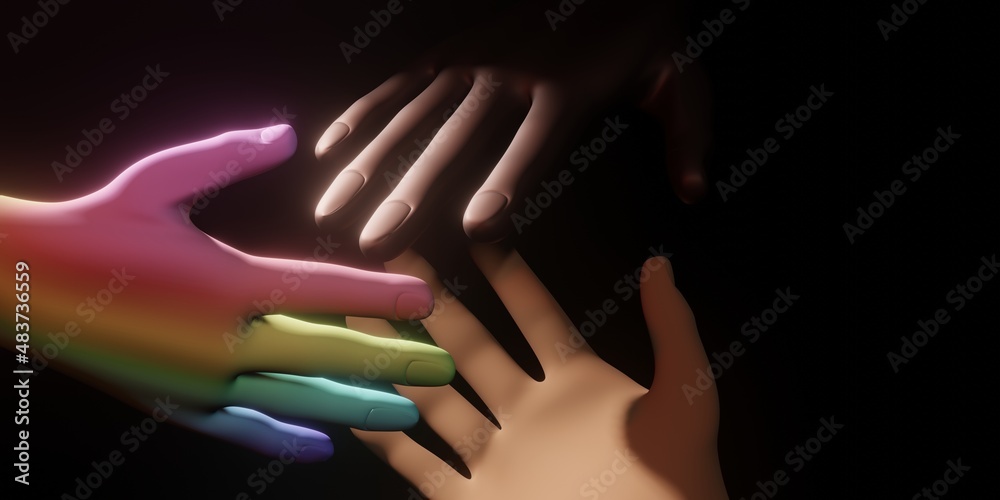 LGBTQ white and black hand reaching each other. Abstract 3D render ...