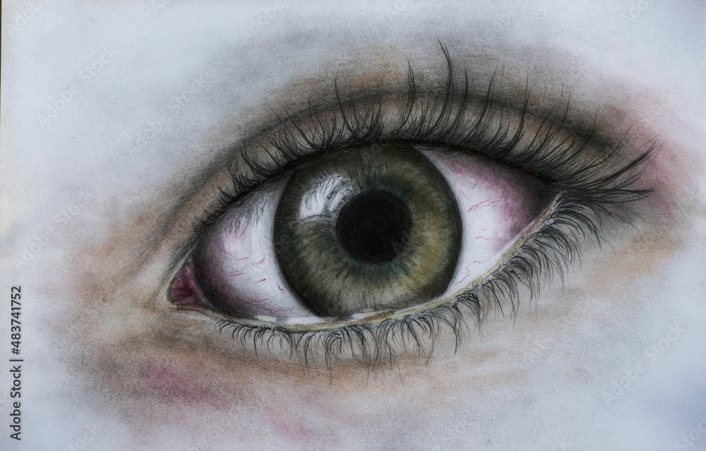 Realistic drawn human eye drawn with graphite pencil and colored powder ...
