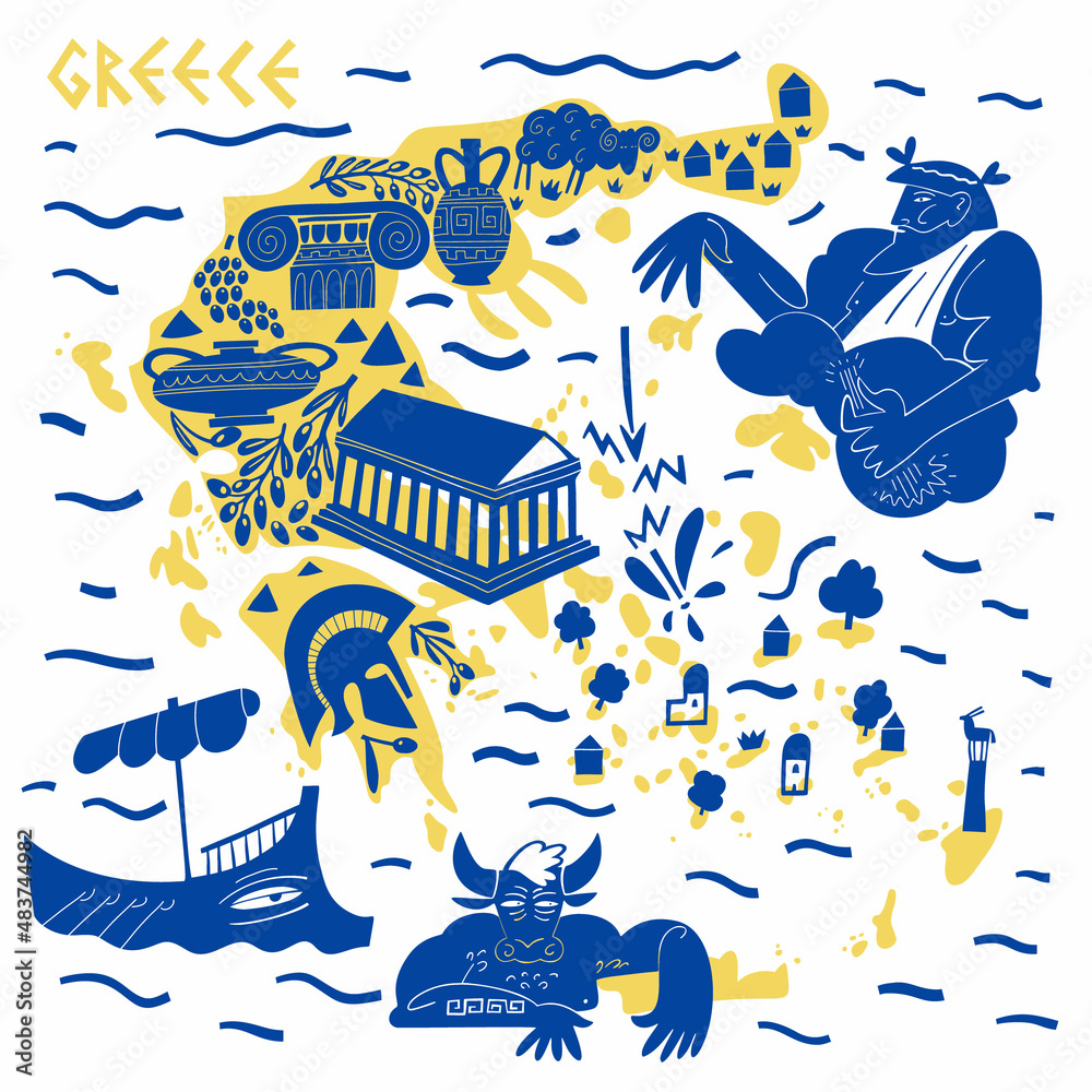 Vector hand drawn stylized map of Greece landmarks. Travel illustration ...