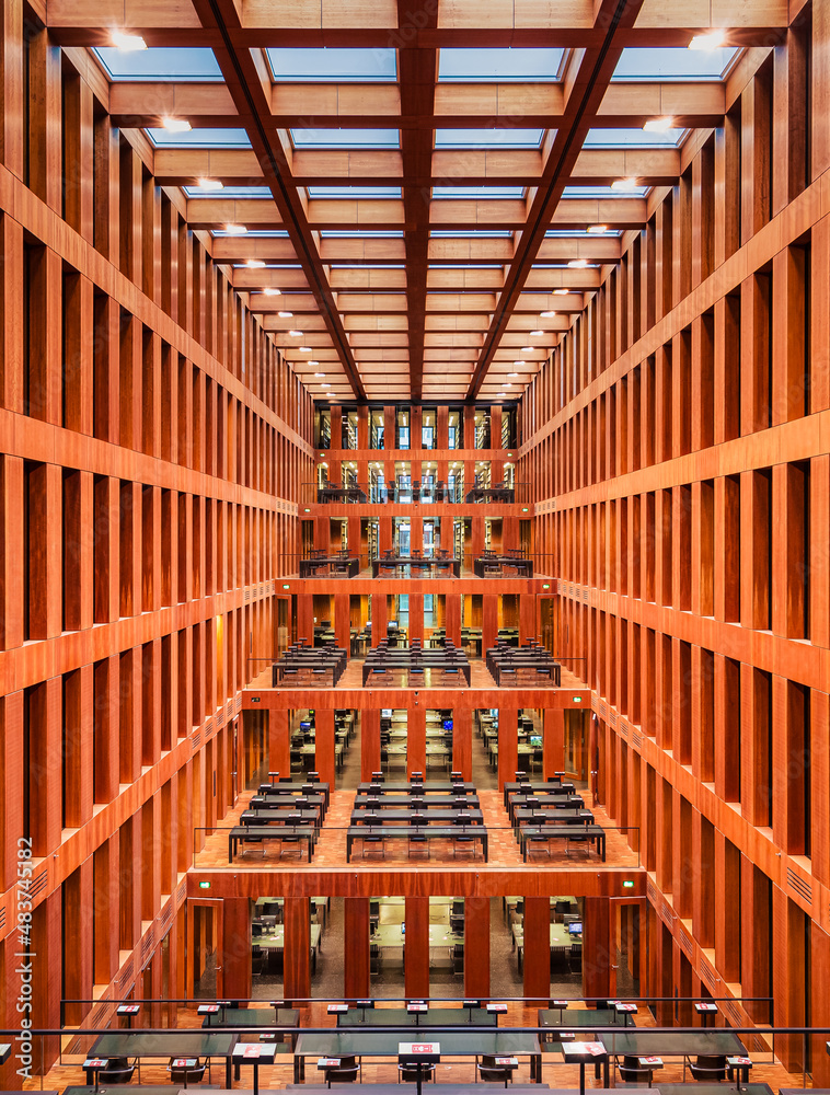 Berlin, Germany: modern cubical interior of the Jacob and Wilhelm Grimm ...