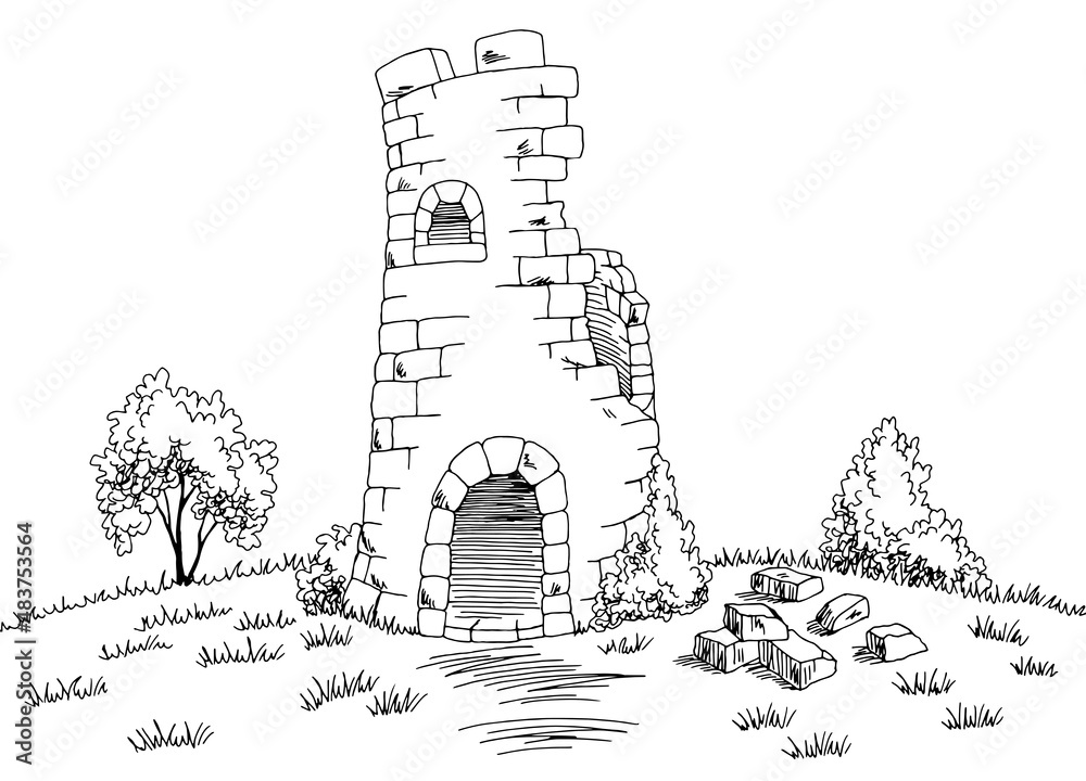 Ruined tower medieval graphic black white sketch illustration vector ...
