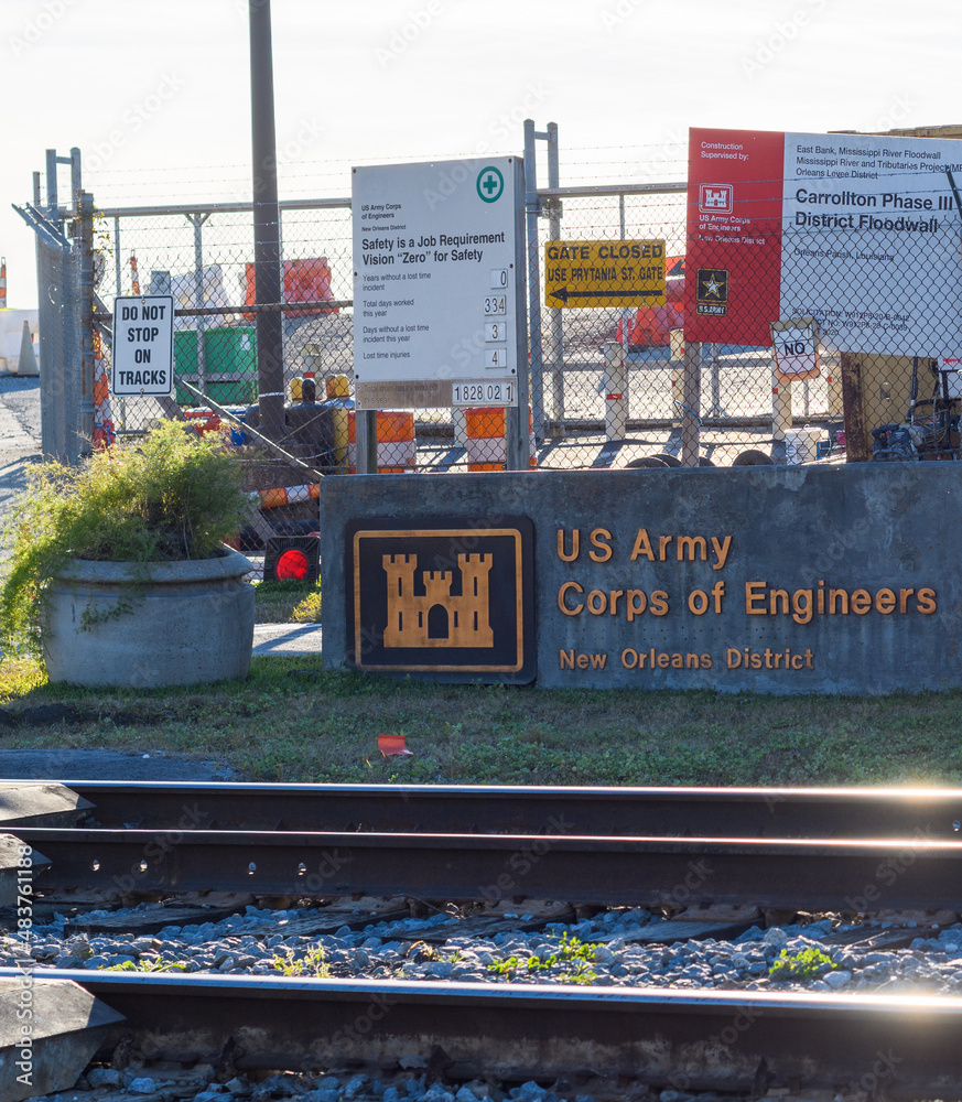 U.S. Army Corps of Engineers New Orleans District signs, fence and ...