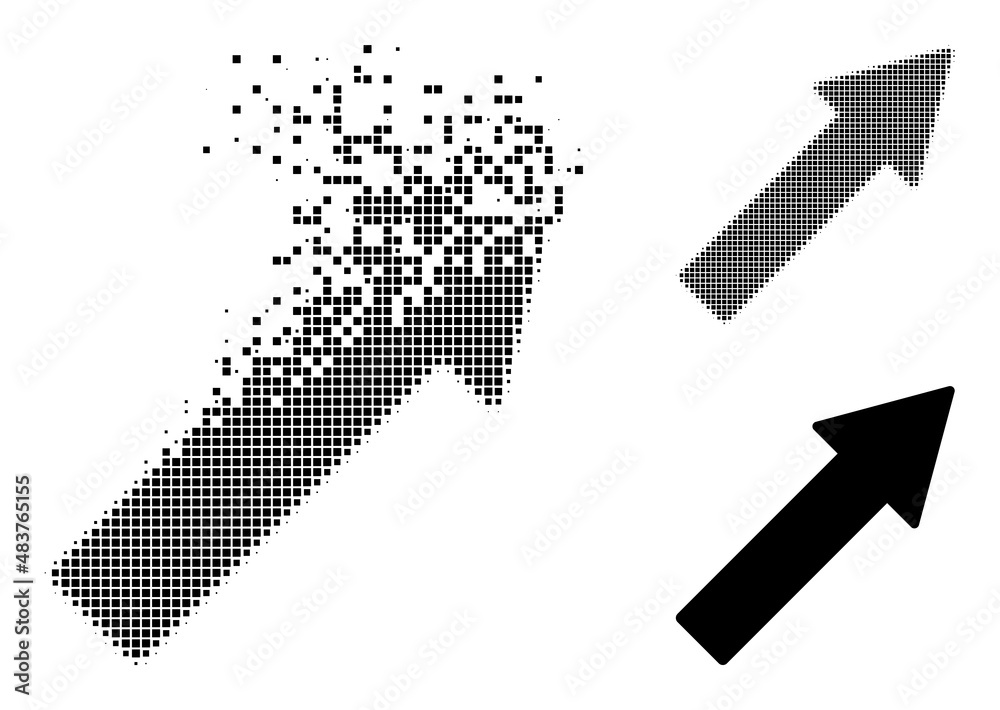 Dissolved pixelated right up arrow vector icon with wind effect, and ...