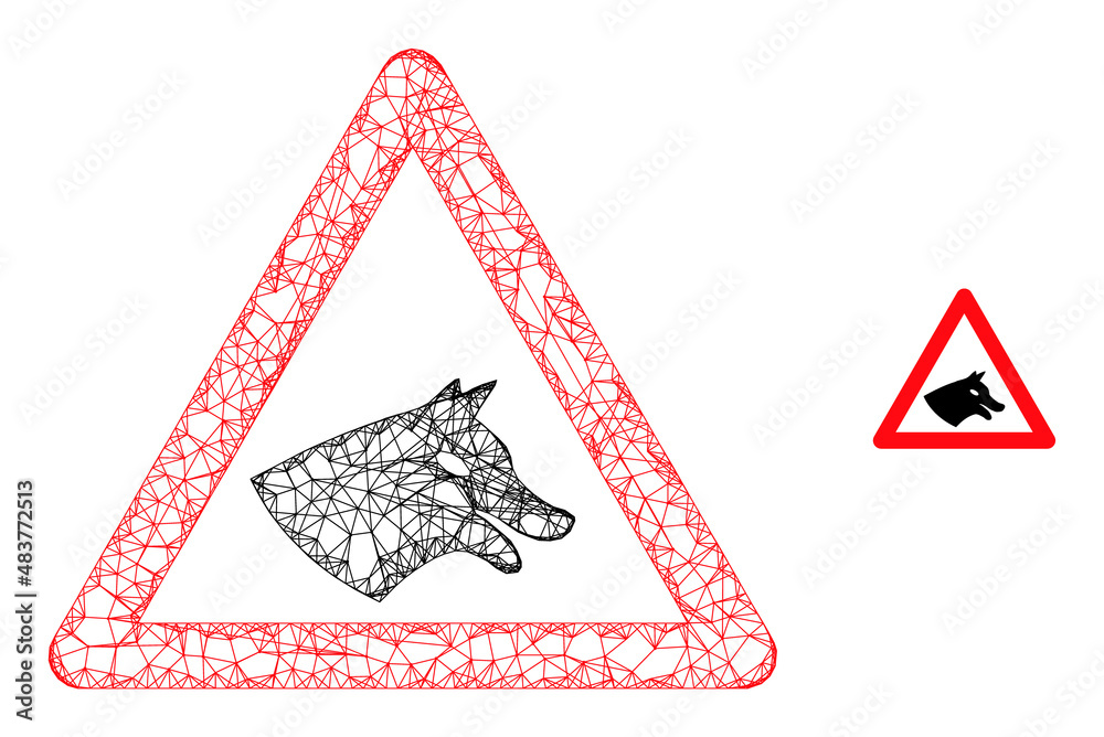 Vector wire frame dog warning icon. Crossed carcass 2d network abstract ...