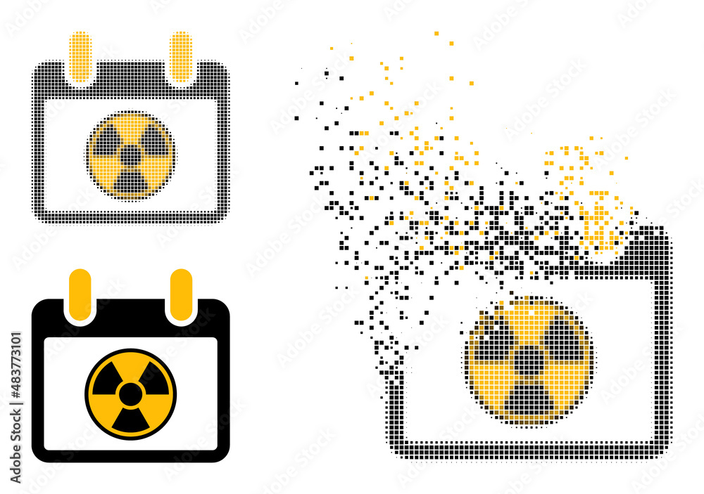 Dispersed dotted atomic calendar page vector icon with destruction ...