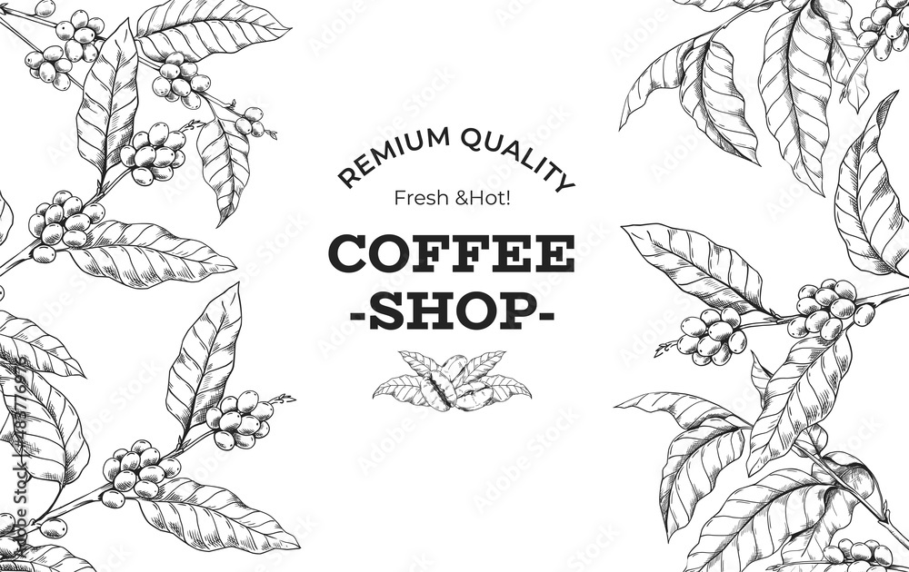 Coffee tree framing. Hand drawn beans and plant branches for morning ...