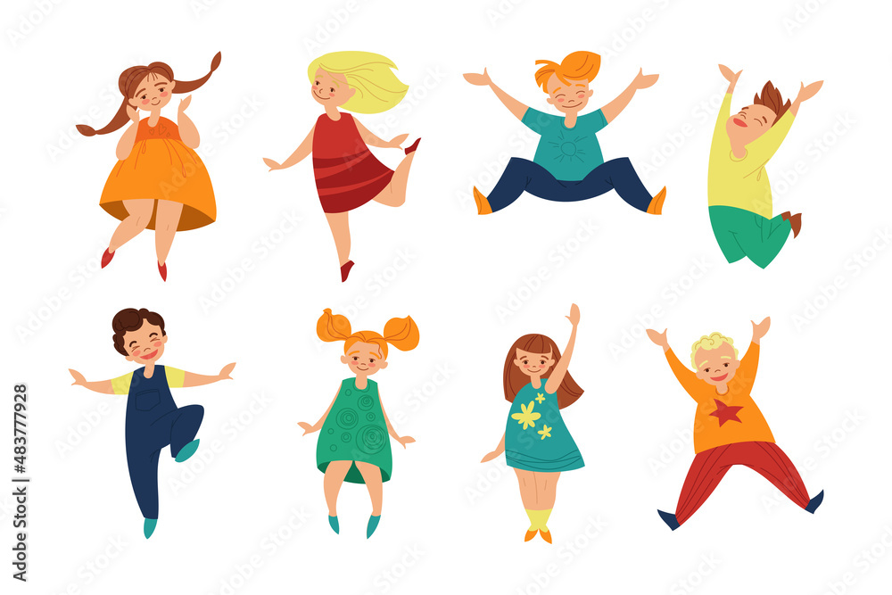 Happy cute children cartoon illustration set. Group of little kids ...