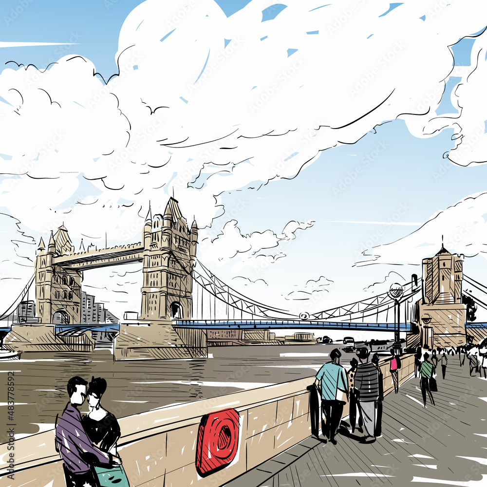 Poster London city Tower bridge hand drawn, vector illustration – Wall ...