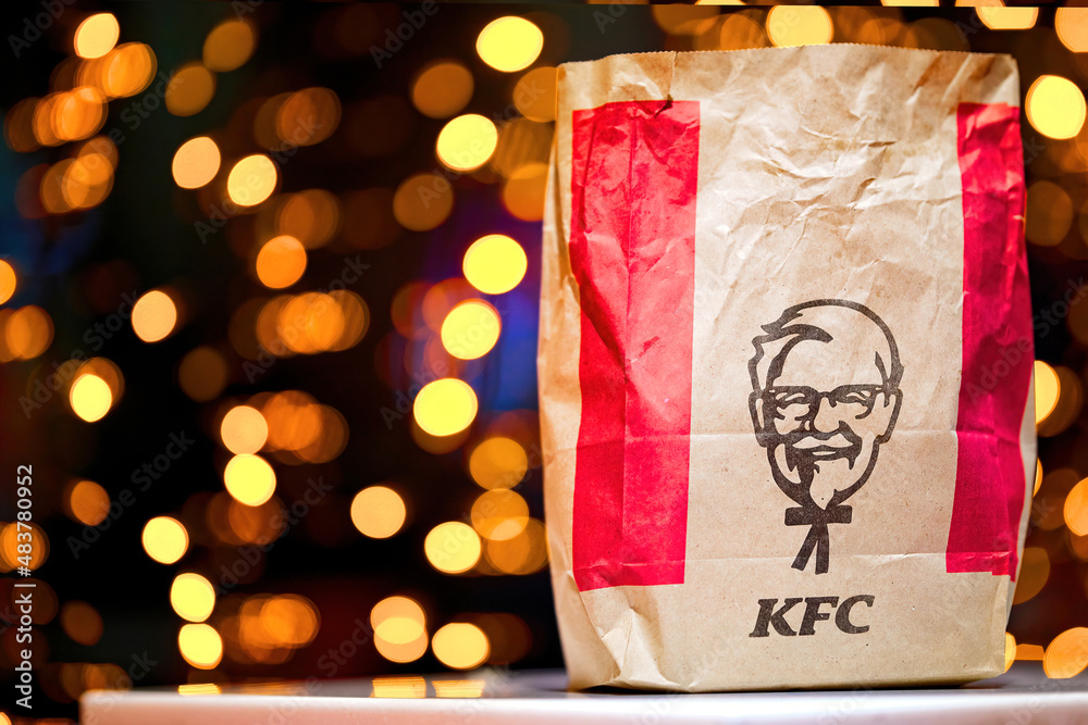 Minsk, Belarus. Jan 2022. KFC Paper bag on glowing garland background ...