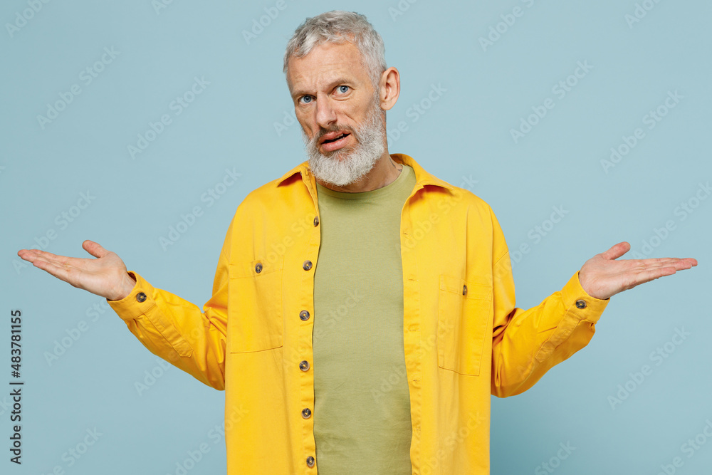 Elderly Confused Gray Haired Mustache Bearded Man 50s Wear Yellow Shirt