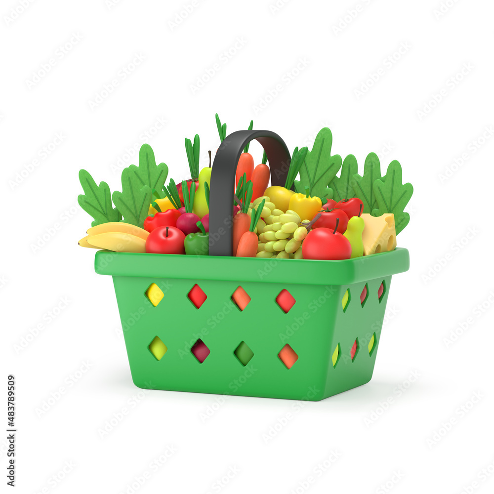 Shopping basket with groceries. Full plastic grocery or food cart with ...