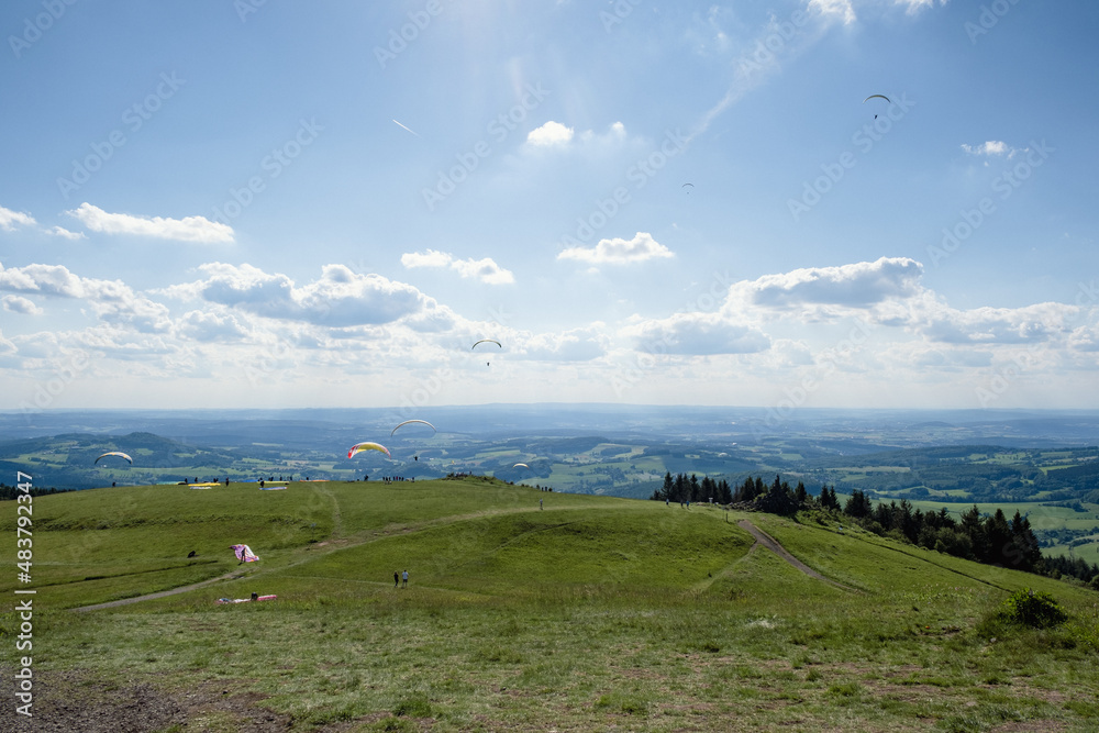 View from the hill Wasserkuppe in nature park Rhön Germany with ...