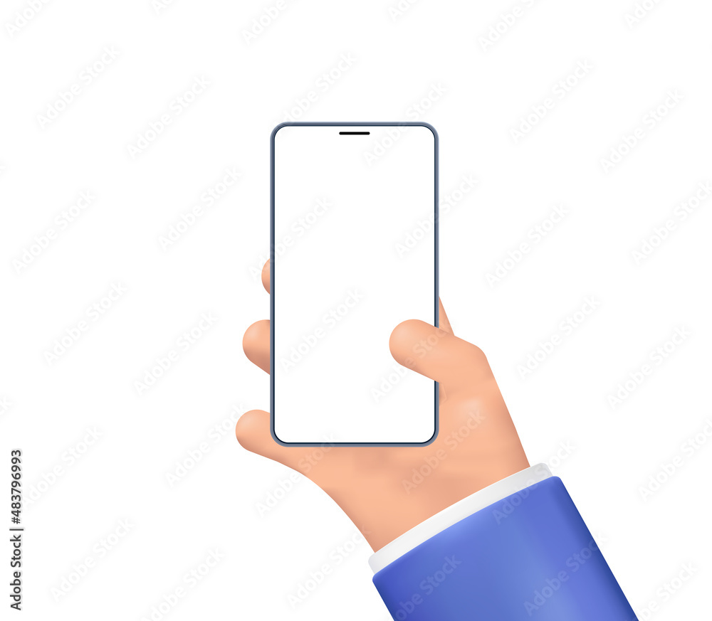 Simple realistic cartoon hand with smartphone. Mockup frontal mobile ...