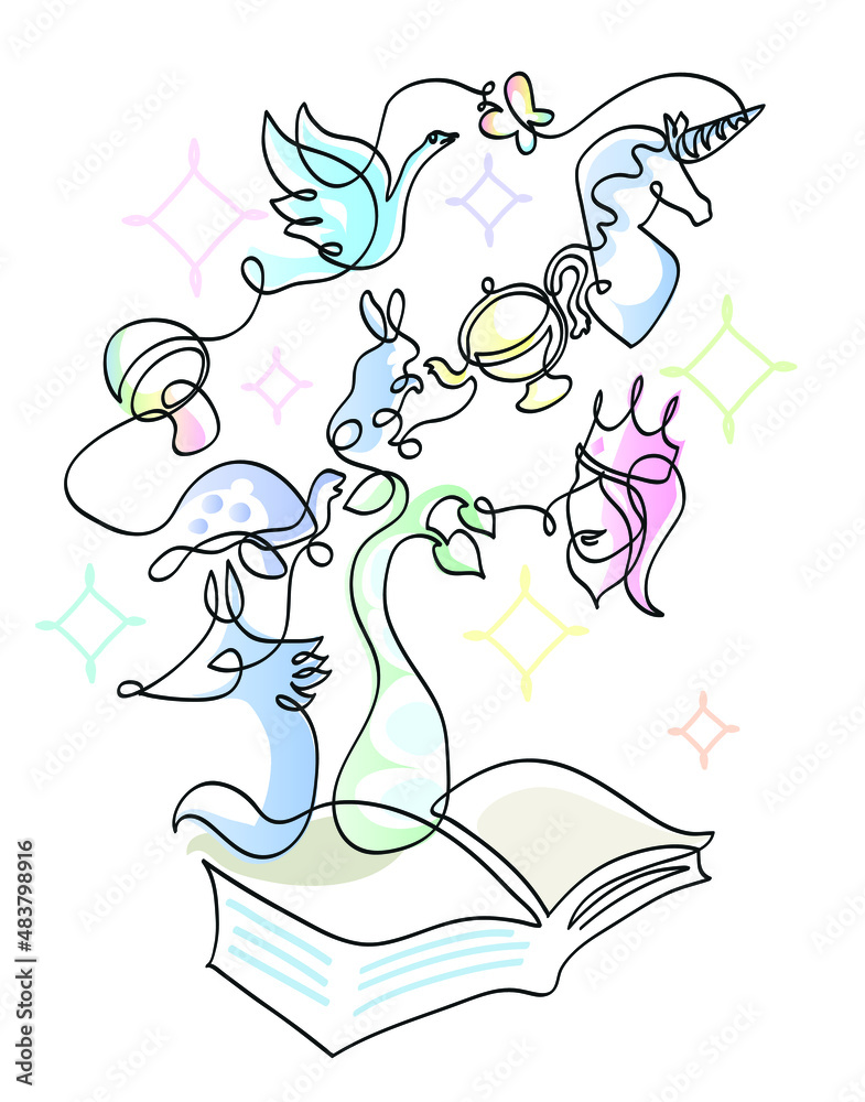 One line drawing of storybook. One continuous line drawing of fairytale ...